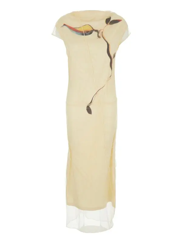 Sportmax Viale' Yellow Long Dress With Floral Motif On The Front And Round Neckline On The Back In Stretch Tech Fabric For - Multicolor