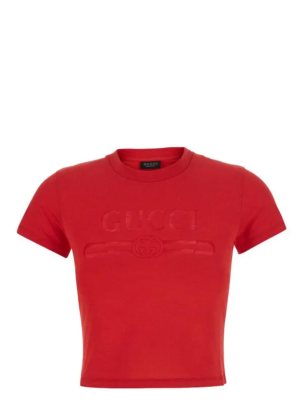 Gucci Red Cropped T-shirt With Tone-on-tone Logo On The Front And Dropped Shoulders In Cotton For - Multicolor