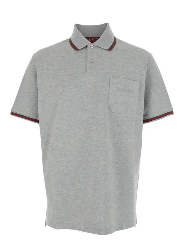 Gucci Polo Shirt With Web Details And Lettering Logo On The Front In Grey Wool Blend For - Gray