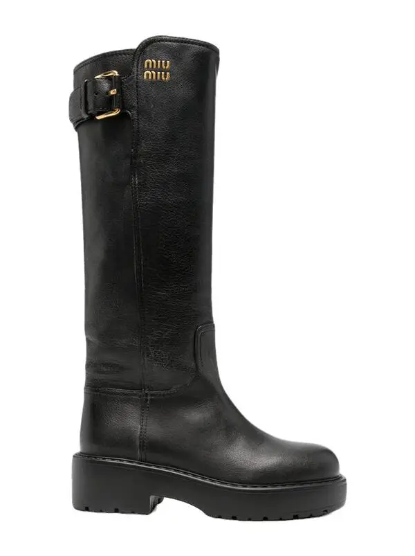 Miu Miu Grained Calf Leather Buckled Boots - Black