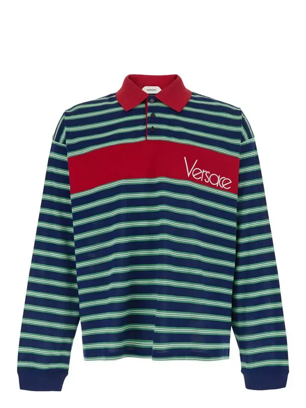 Versace Blue And Red Polo With Striped Motif And Logo Lettering On The Front In Cotton For - Multicolor