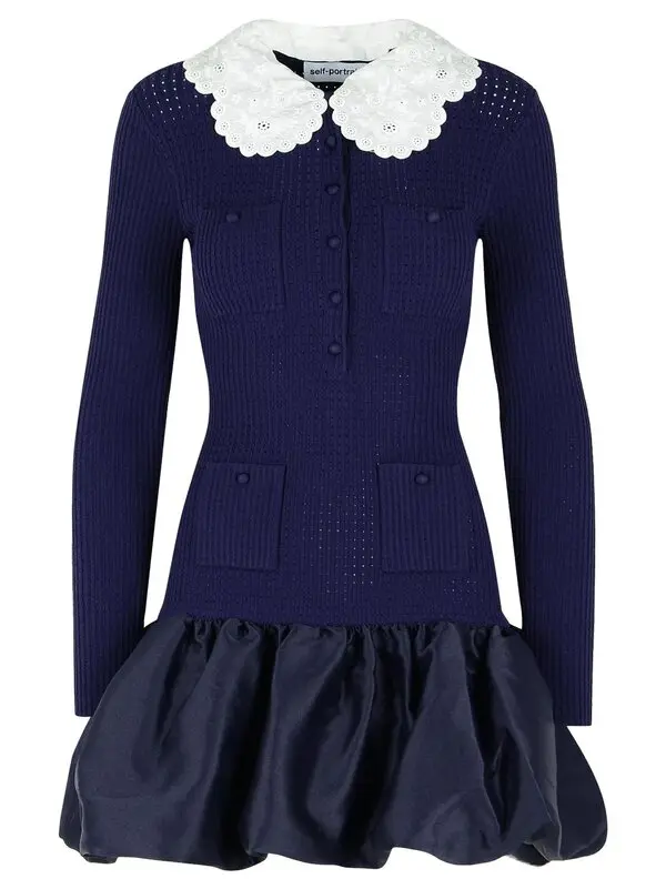 SELF-PORTRAIT Viscose Dress With Contrast Collar - Blue