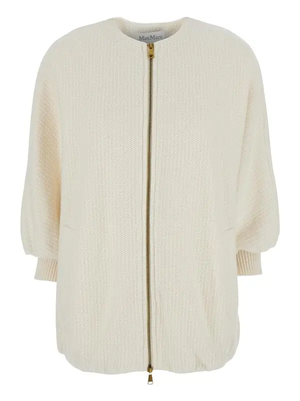 Max Mara Cirino' White Crewneck Knit Jacket With Logo Patch On The Rear In Wool And Cashmere - Multicolor