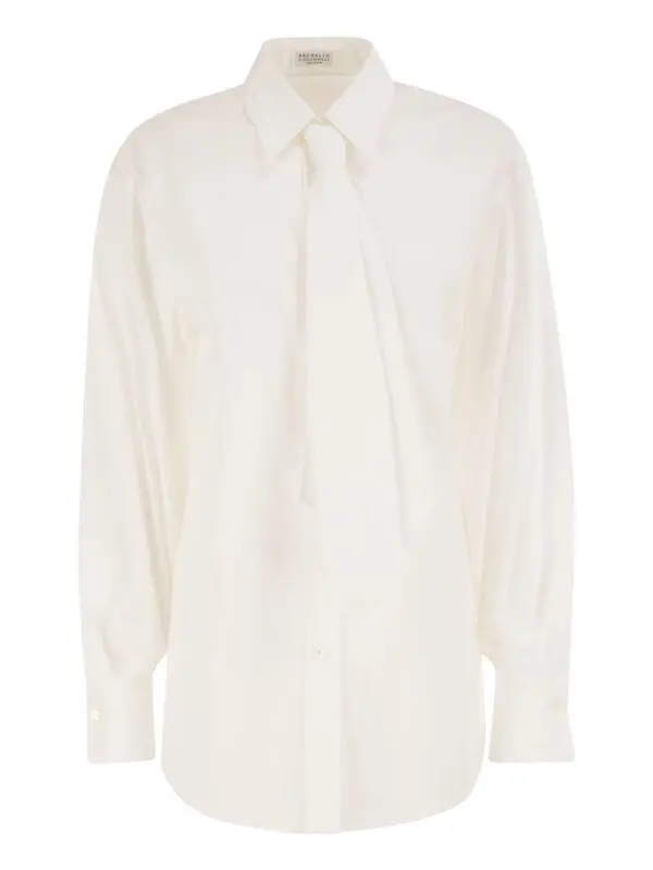 Brunello Cucinelli Stretch Cotton Shirt With Tie - White