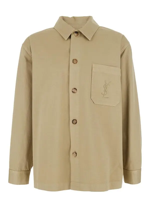 Saint Laurent Beige Shirt With Classic Collar And Cassandre Embroidery On The Front In Cotton For - Multicolor