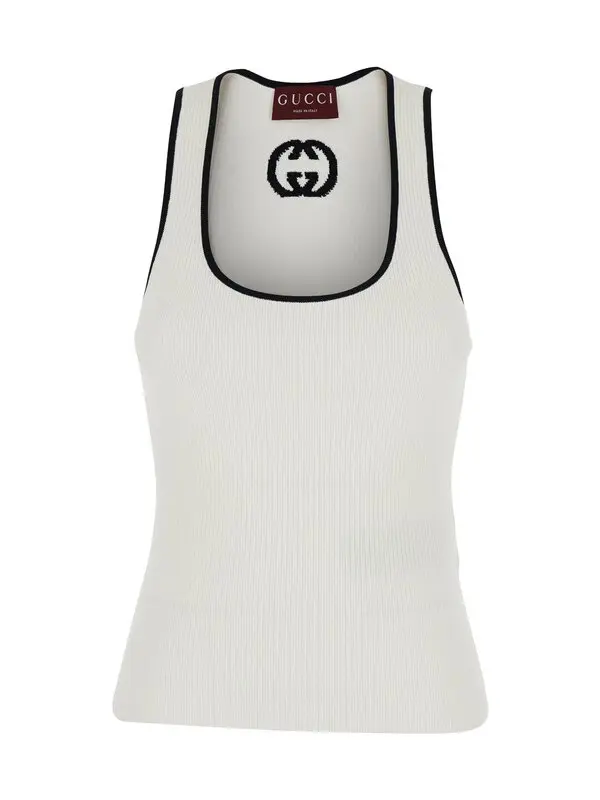 Gucci White Sleeveless Top With Gg Embroidery On The Rear And Ribbed Knit In Viscose Blend - Multicolor
