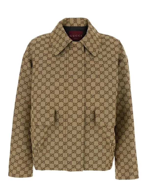 Gucci Brown Jacket With Classic Collar And All-over Gg Motif In Cotton For - Multicolor
