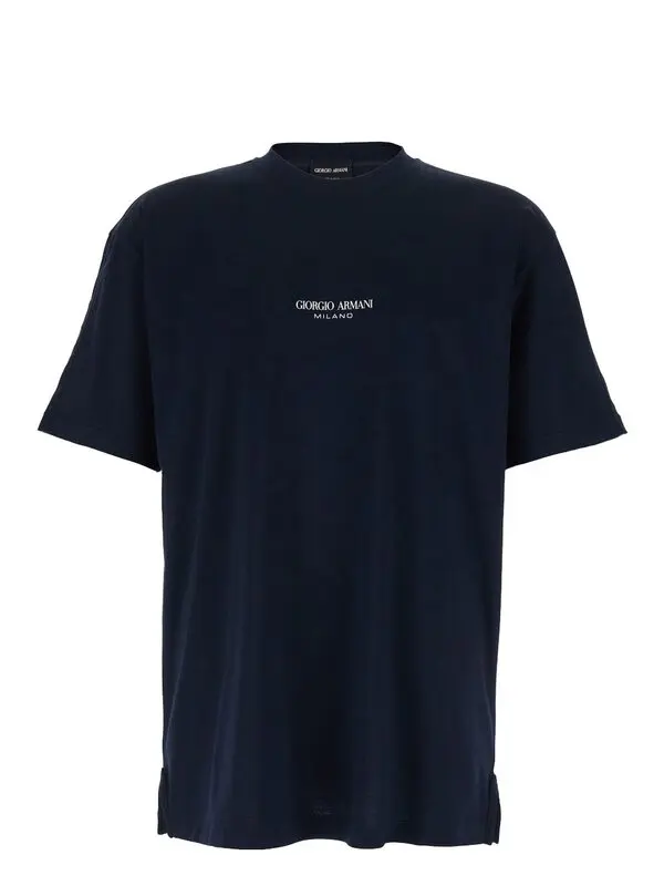Giorgio Armani Blue Crew-neck T-shirt With Raised Collar And Logo On The Front In Cotton - Multicolor