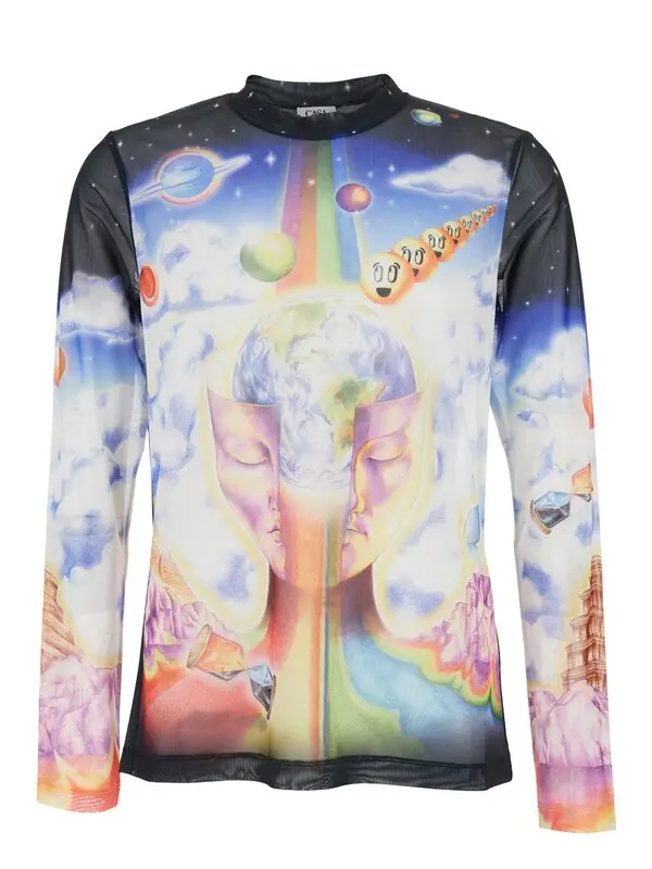 Casablanca Long Sleeve Crew Neck T-shirt With All-over Print In Stretch Tech Fabric - Multicolor