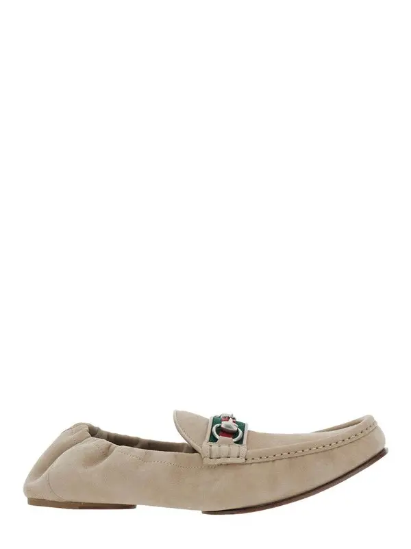 Gucci Beige Loafers With Horsebit Plate And Web Detail On The Front In Suede For - Cream