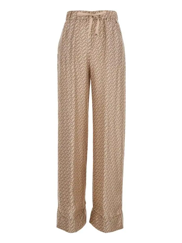 Herno Beige Silk Pants With Elastic Drawstring Waist And All-over Print - Multicolor