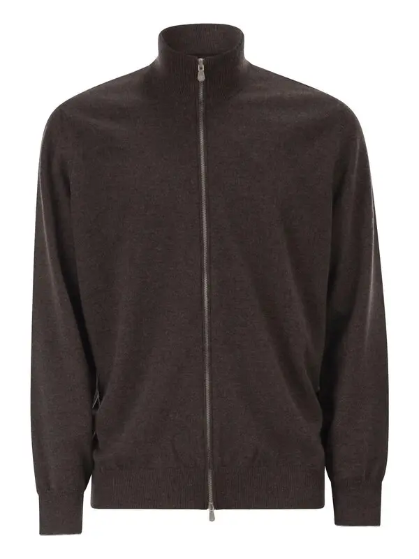 Brunello Cucinelli High-necked Cashmere Cardigan With Zip - Brown
