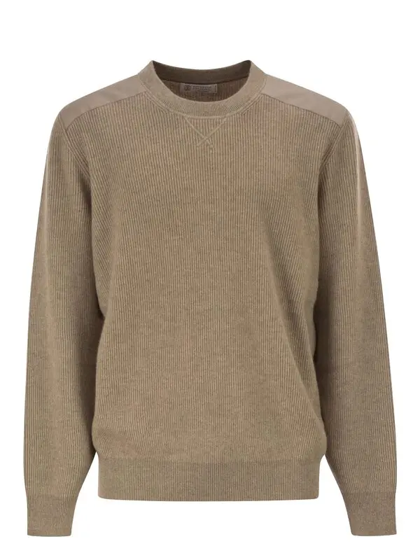 Brunello Cucinelli Pure Cashmere Ribbed Crew-neck Sweater With Cotton Details - Cream