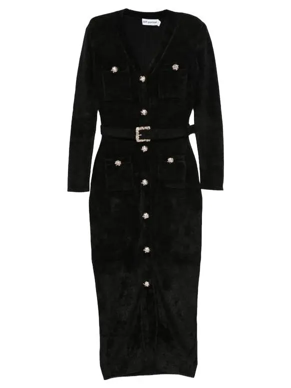 SELF-PORTRAIT V-neck Long Sleeves Midi Dress - Black
