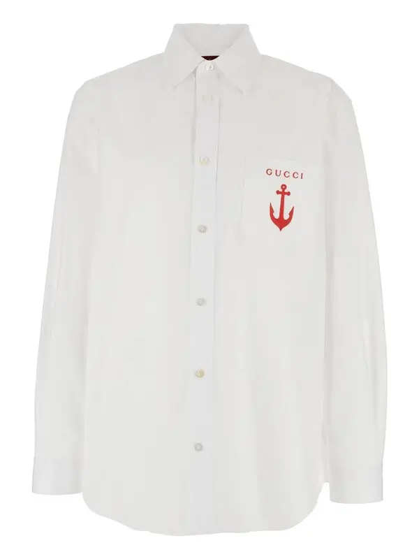 Gucci White Shirt With Classic Collar And Logo Detail On The Front In Cotton - Multicolor