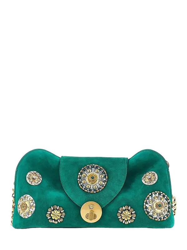Versace Embroidered Suede Leather Vivian Clutch - Green
