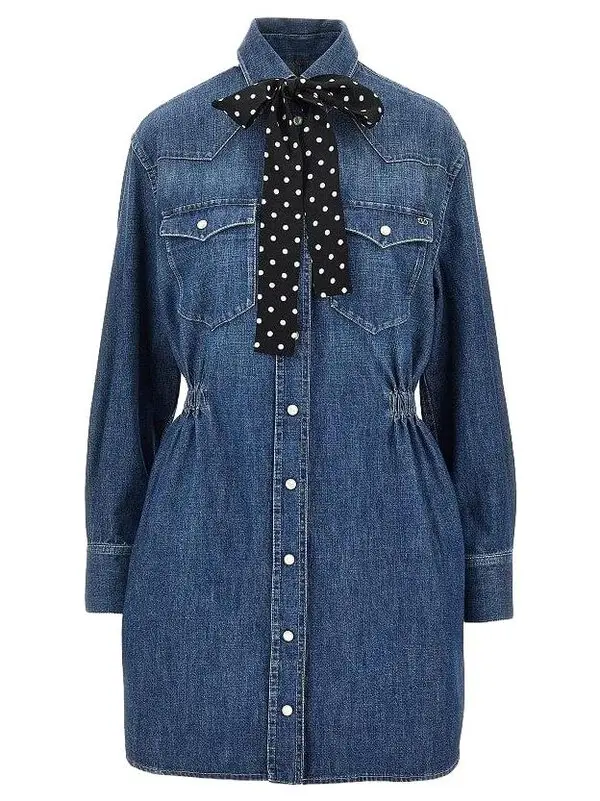Valentino Garavani Denim Mini Dress With Silk Bow - Blue
