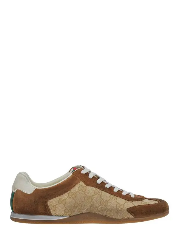 Gucci Beige Low Top Sneakers With Web Detail On Tongue And Heel In Gg Fabric And Suede For - Brown