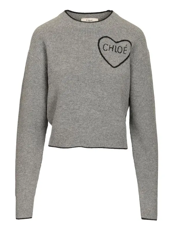 Chloé Cropped Fitted Ribbed Wool And Cashmere Sweater With Logo - Gray