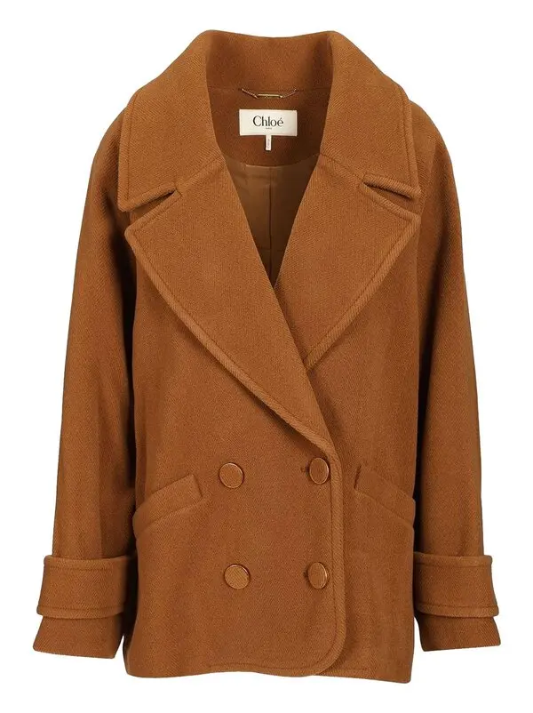 Chloé Short Double-breasted Wool Coat With Herringbone Pattern - Brown