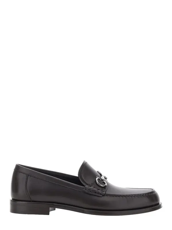 FERRAGAMO Loafers With Metallic Gancini Detail On The Front In Leather - Brown