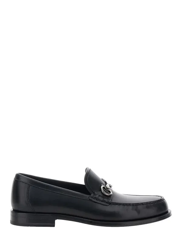 FERRAGAMO Loafers With Gancini Metal Detail On The Front In Leather - Black