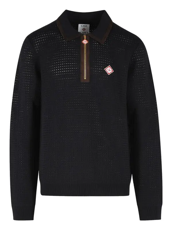 Casablanca Waffle Stitch' Navy Wool Polo Shirt - Blue