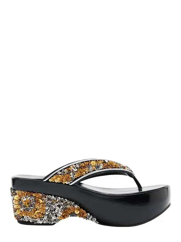 Dries Van Noten Sequined Wedge Flip-flop Sandals - Black