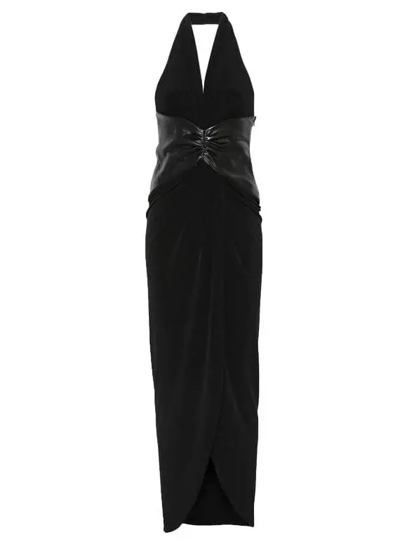 Andamane Halterneck Evening Dress With Leather Paneling - Black