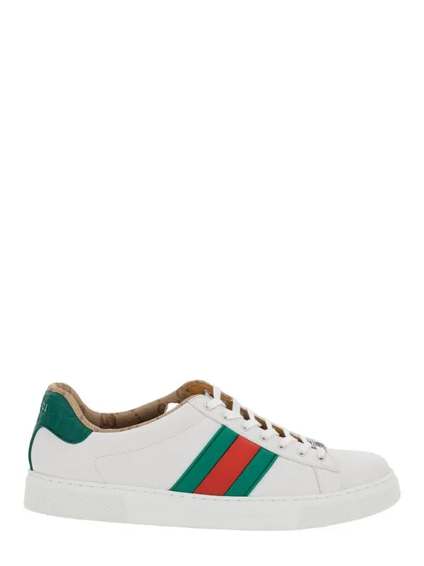 Gucci Ace' White Sneaker With Web Detail On The Side And Tag On The Front In Leather - Multicolor