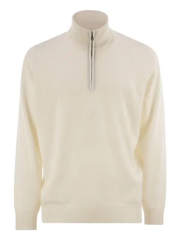 Brunello Cucinelli High-necked Cashmere Sweater With Zip Opening - Cream