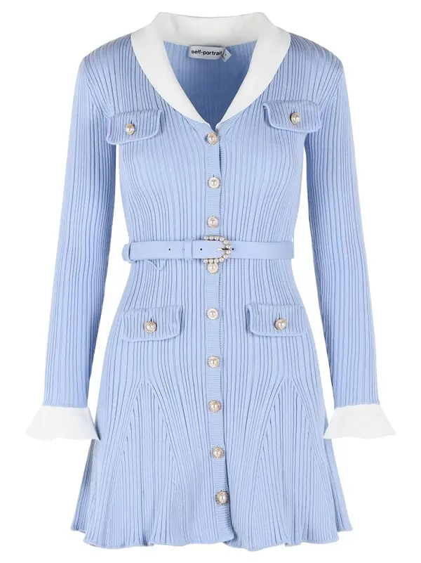 SELF-PORTRAIT Ribbed Viscose Blend Mini Dress - Blue