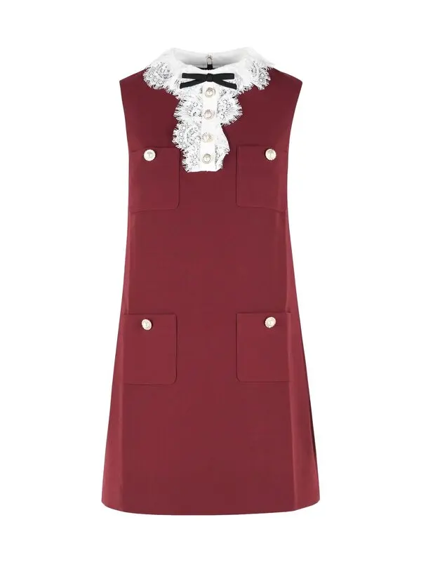 SELF-PORTRAIT Polyester Crêpe Mini Dress With Burgundy Lace Collar - Multicolor