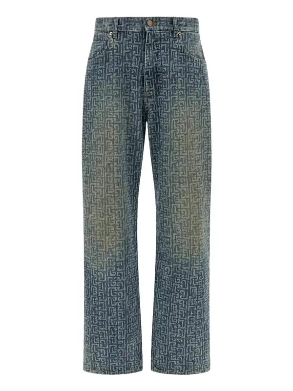 Balmain Monogram Print Denim Jeans - Blue