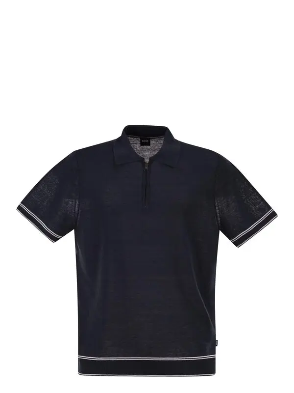 BOSS Linen And Viscose Polo Shirt With Zip And Contrast Trims - Blue