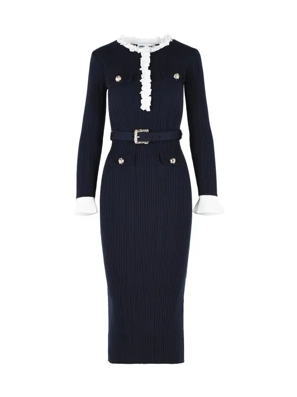 SELF-PORTRAIT Flower' Midi Dress In Navy Wool Blend - Blue