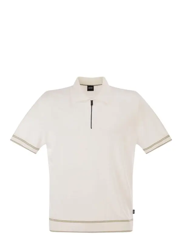 BOSS Linen And Viscose Polo Shirt With Zip And Contrast Trims - White