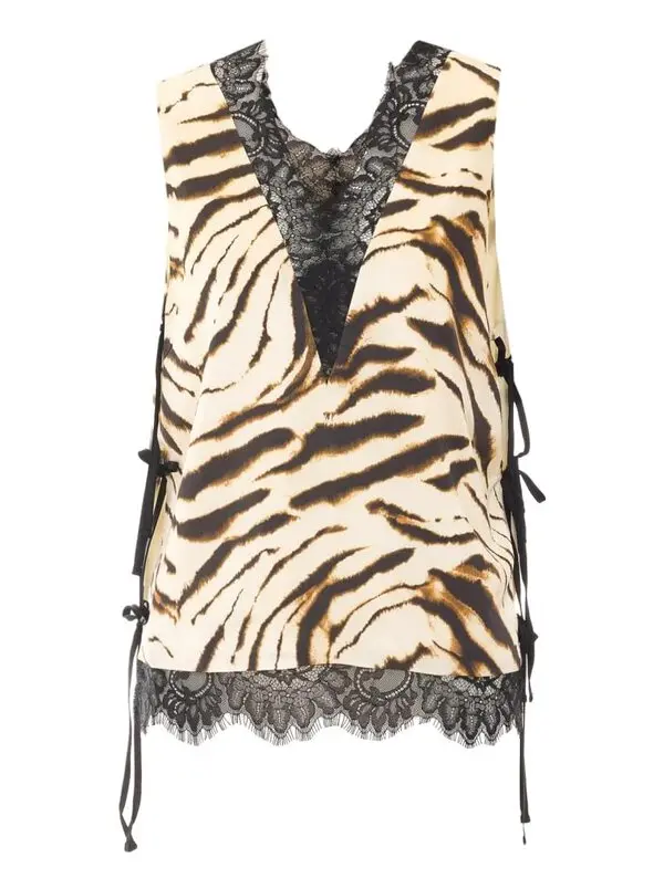 GANNI Printed Satin Top - Cream