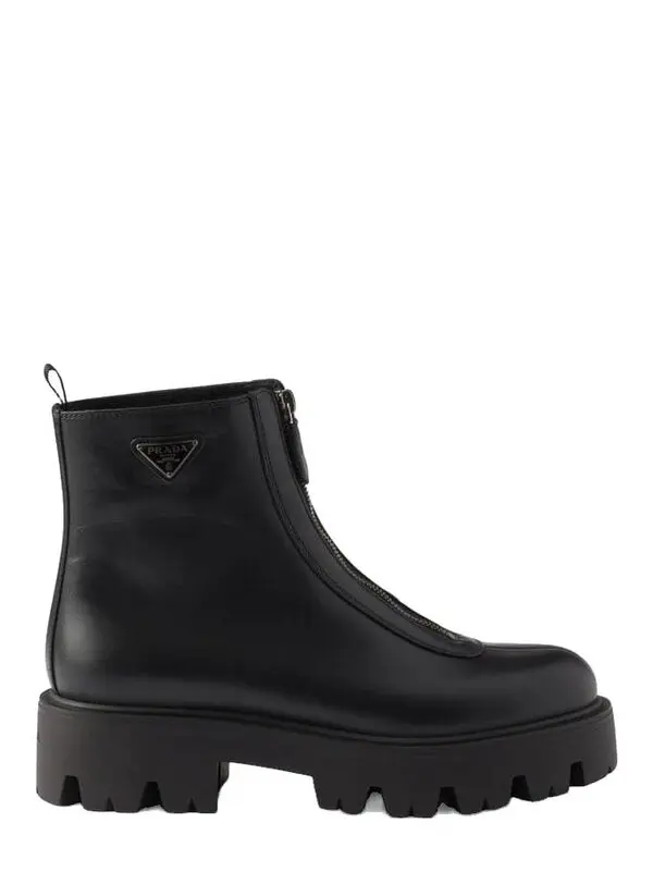 Prada Leather Lug Sole Booties - Black