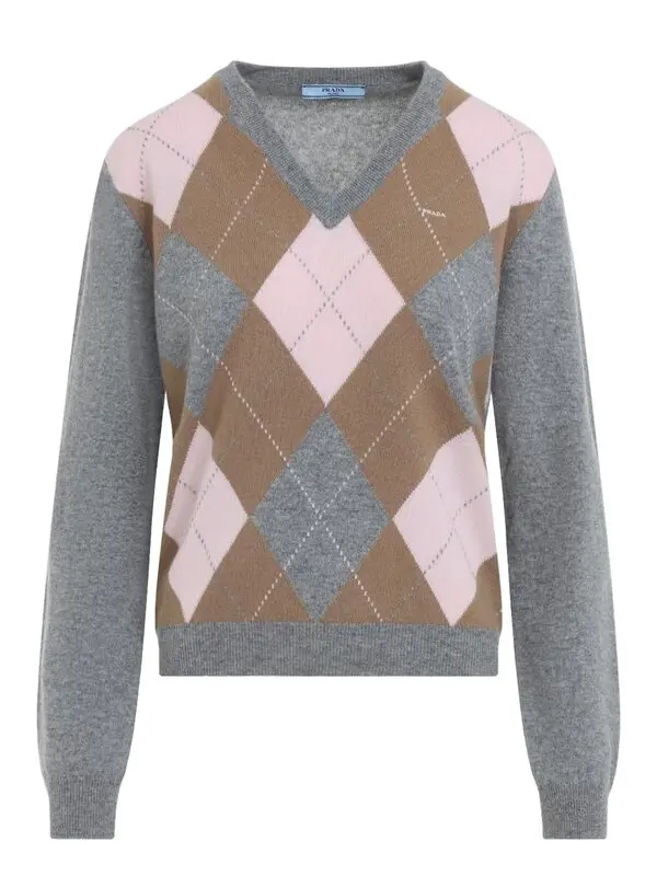 Prada Argyle V-neck Sweater - Gray