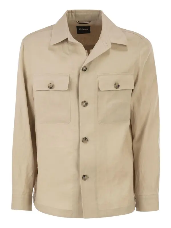 BOSS Linen Shirt Jacket With Patch Pockets - Cream