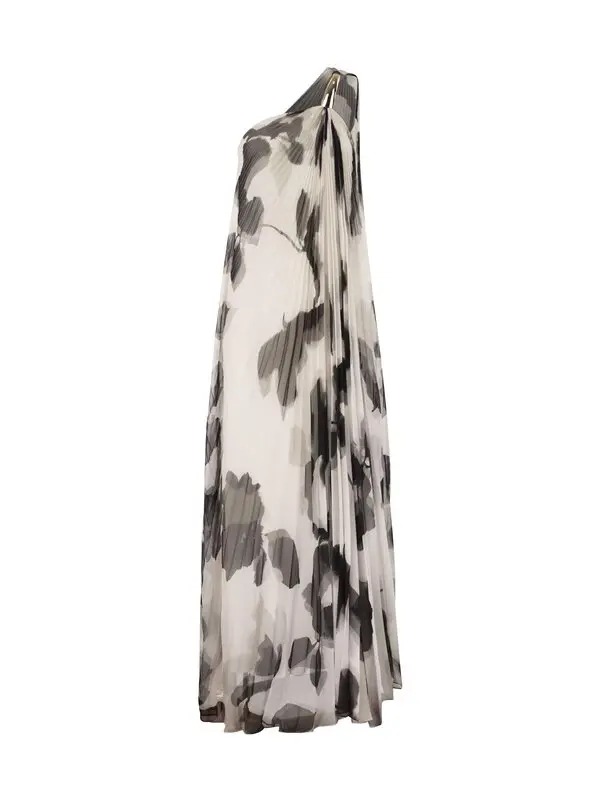 Max Mara Printed Pleated One-shoulder Long Dress - White