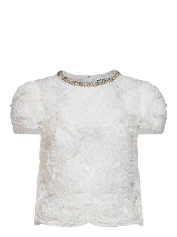 SELF-PORTRAIT White Sequin Tulle And Lace Top - Multicolor
