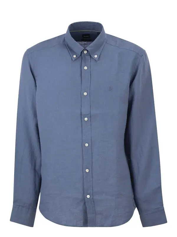 BOSS Pure Linen Regular Fit Shirt With Button-down Collar - Blue