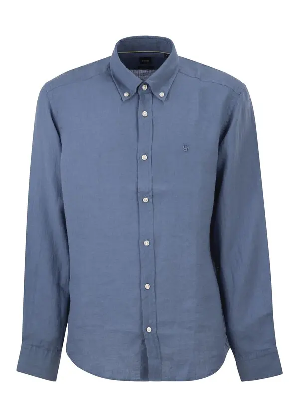 BOSS Pure Linen Regular Fit Shirt With Button-down Collar - Blue