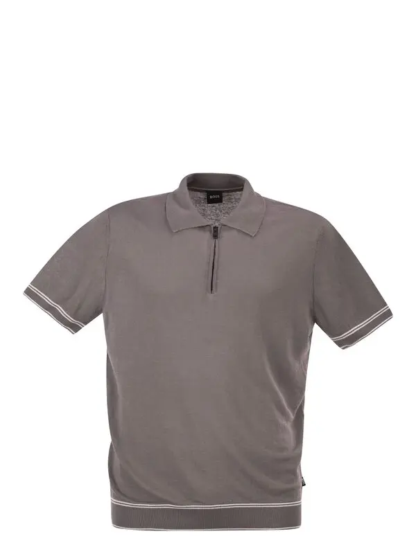 BOSS Linen And Viscose Polo Shirt With Zip And Contrast Trims - Gray