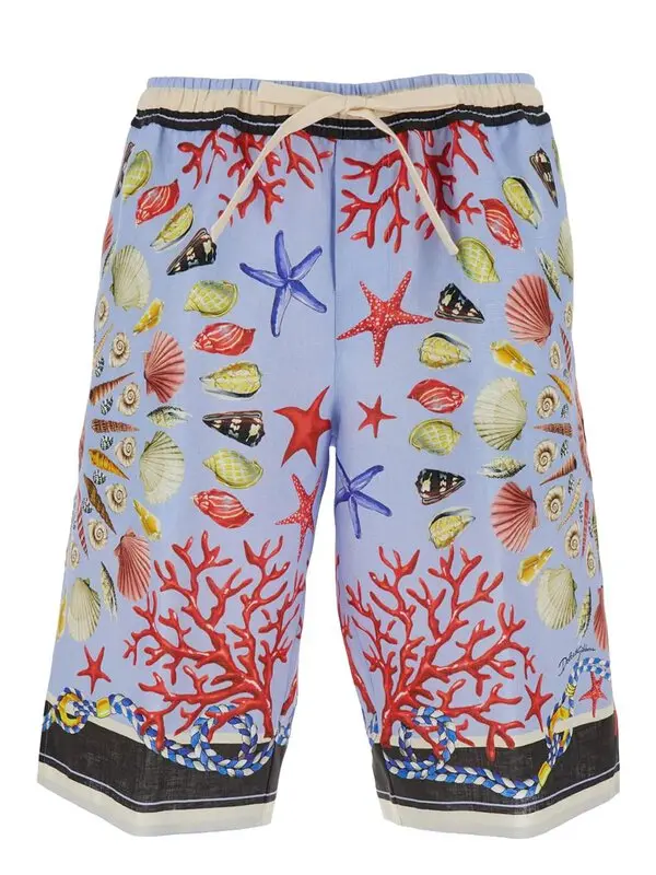 Dolce & Gabbana Multicolor Shorts With Elastic Drawstring And All-over Print In Linen - Blue