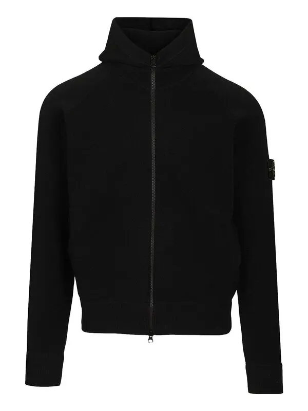 Stone Island Virgin Wool Blend Zip Up Sweater - Black