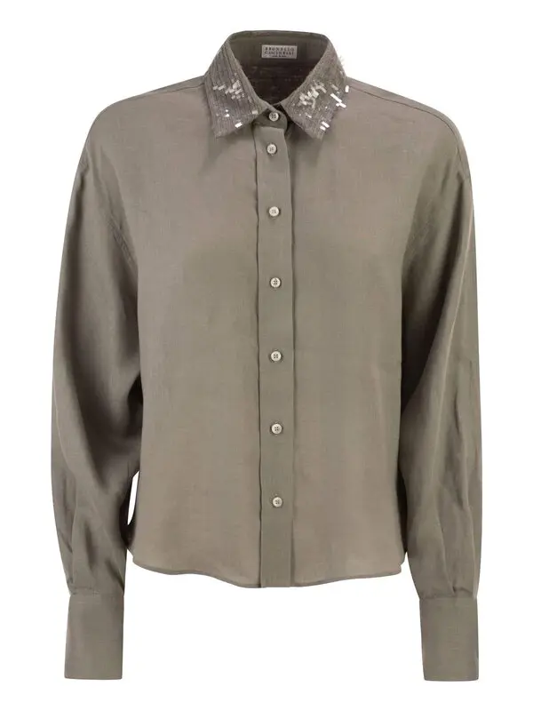 Brunello Cucinelli Linen Shirt With Sequin-embroidered Collar - Yellow