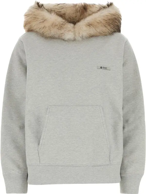 Prada Cotton Hoodie With Fur Insert - Gray